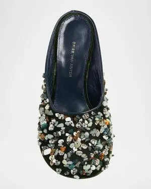 Dries Van Noten Gemstone Embellished Velvet Wedge Mules - Olive