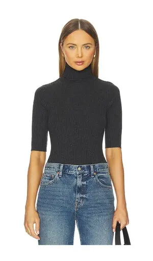 Autumn Cashmere Cropped Elbow Sleeve Ribbed Turtleneck Top