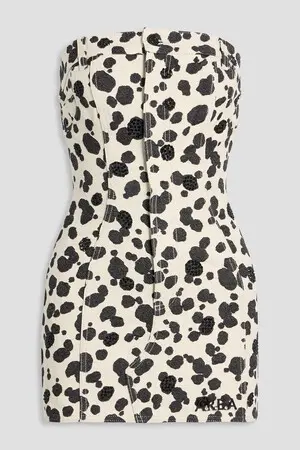 AREA Strapless Printed Embellished Denim Mini Dress