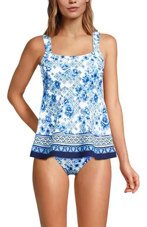 LANDS' END Adjustable Scoop Neck Tankini Top - White Mosaic Floral Geo Border
