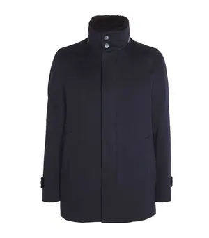 Herno Cashmere Car Coat With Shearling Trim - Navy