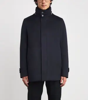 Herno Cashmere Car Coat With Shearling Trim - Navy