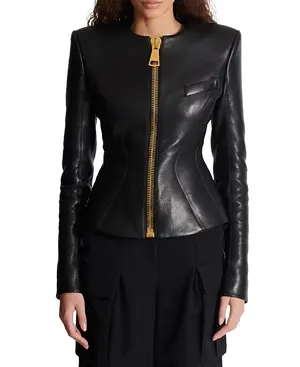 Balmain Cropped Peplum Lambskin Jacket - Black