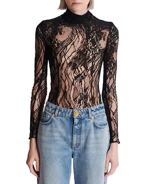 Balmain Long-sleeved Lace Bodysuit - Black