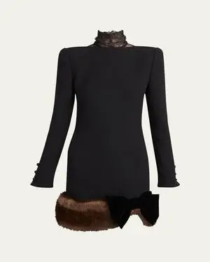 Valentino Garavani Turtleneck Mini Dress With Shearling Trim - Black