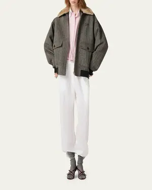 Miu Miu Shearling-collar Wool Tweed Bomber Jacket