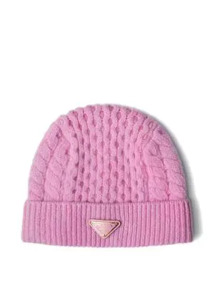 Prada Cable-knit Triangle-logo Beanie - Pink