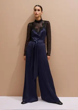 ME+EM Lace And Satin Back Crepe Wide-leg Jumpsuit - Black/midnight Navy