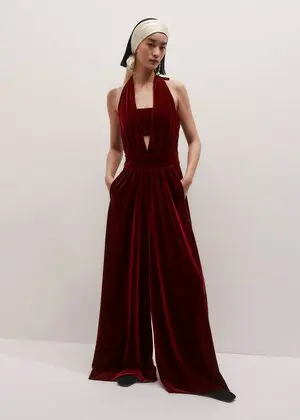 ME+EM Fluid Velour Halterneck Jumpsuit - Deep Ruby Red