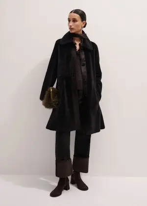 ME+EM Shearling Leather Mix Swing Coat - Chocolate