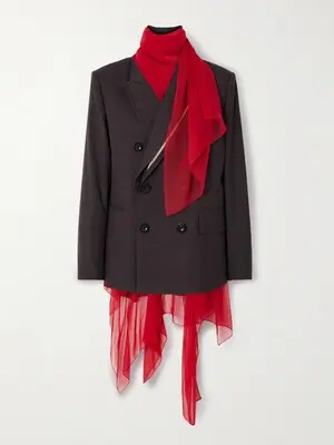 Sacai Double-breasted Wool Blazer With Chiffon Trim