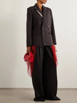 Sacai Double-breasted Wool Blazer With Chiffon Trim