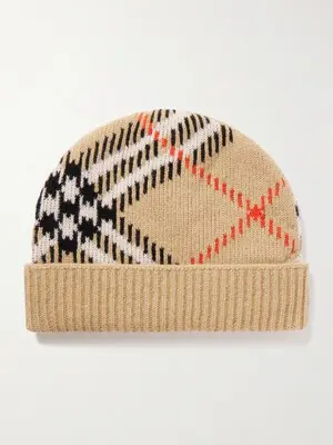 Burberry Checked Ribbed Cashmere-blend Beanie - Neutrals
