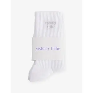SISTERLY TRIBE Logo-print Cotton-blend Crew Socks - White/ Grey