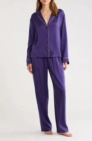 Lunya Piped Washable Silk Pajamas - Flying Fig/lilac Haze