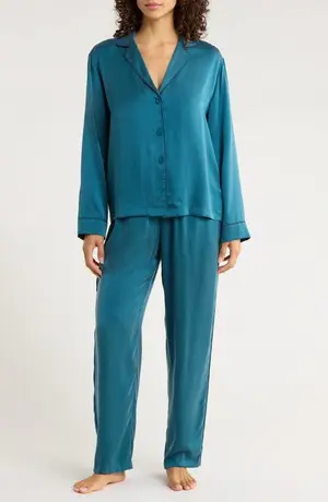 Lunya Piped Washable Silk Pajamas - Piquant Teal/lazing Navy