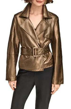Donna Karan New York Metallic Leather Belted Moto Jacket