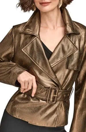 Donna Karan New York Metallic Leather Belted Moto Jacket