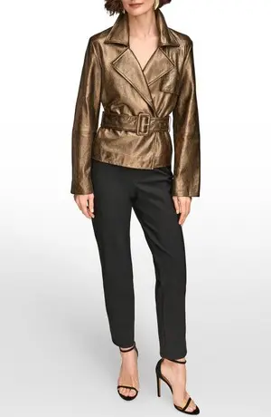 Donna Karan New York Metallic Leather Belted Moto Jacket