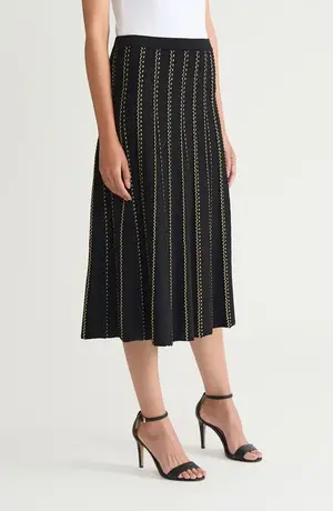 Ming Wang Linear Metallic Knit Midi Skirt