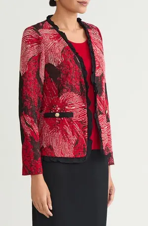Ming Wang Floral Jacquard Ruffle Trim Jacket