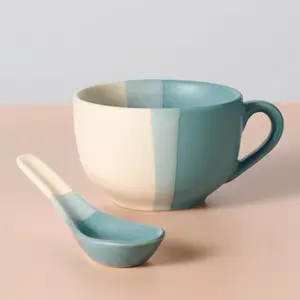 TEN THOUSAND VILLAGES Pheeka Striped Jumbo Mug With Spoon - Blue Green