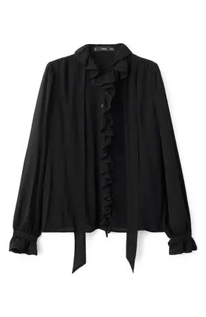 Mango Ruffle Front Button Down Shirt - Black