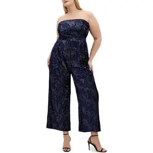 City Chic Sequin Sleeveless Wide Leg Jumpsuit - Navy