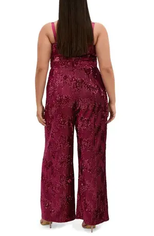 City Chic Sequin Sleeveless Wide Leg Jumpsuit - Ruby