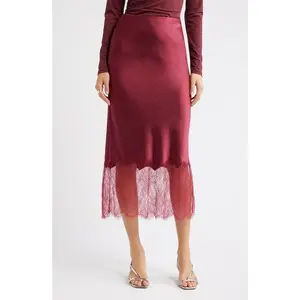 OPEN EDIT Satin Midi Skirt With Lace Trim - Burgundy Beet