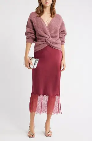 OPEN EDIT Satin Midi Skirt With Lace Trim - Burgundy Beet