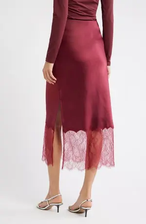 OPEN EDIT Satin Midi Skirt With Lace Trim - Burgundy Beet
