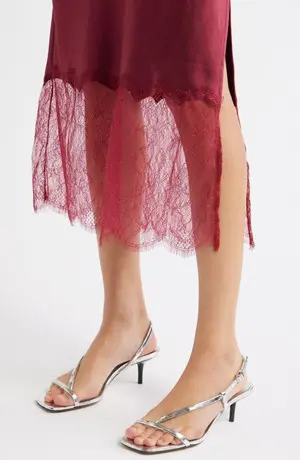 OPEN EDIT Satin Midi Skirt With Lace Trim - Burgundy Beet