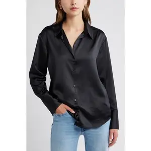 OPEN EDIT Relaxed Fit Satin Button-up Shirt - Black