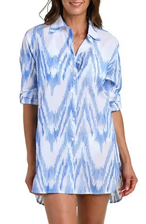La Blanca Tidal Wave Button-up Cotton Cover-up Shirt - Lapis
