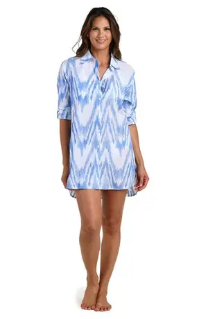La Blanca Tidal Wave Button-up Cotton Cover-up Shirt