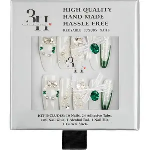 3H NAILS Emerald Noir Luxury Handmade Press On Nails - White/green