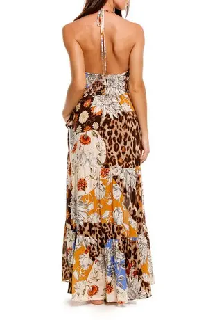 Agua Bendita Gabrielle Quilt Tie Front Halter Maxi Dress