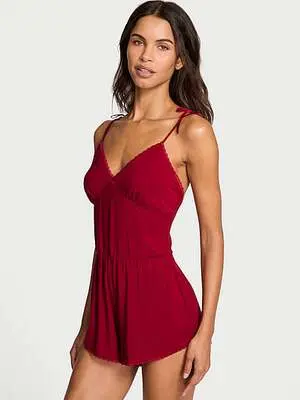Victoria's Secret Modal Lace-trim Bow Short Romper - Red