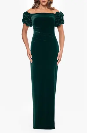 XSCAPE EVENINGS Ruched Off-the-shoulder Gown