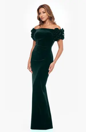 XSCAPE EVENINGS Ruched Off-the-shoulder Gown