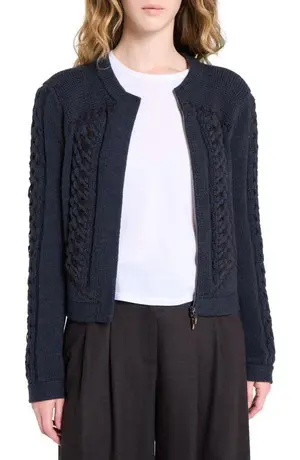 TWP Wool Cable Cardigan With Suede Detail