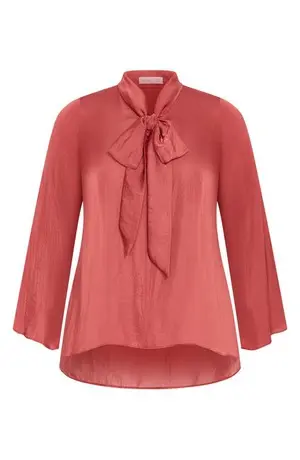 City Chic Mahalia Tie Neck Satin Top - Deep Rose