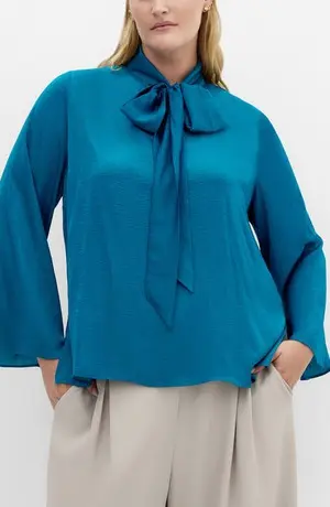 City Chic Mahalia Tie Neck Satin Top - Poseidon