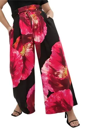 City Chic Paperbag Waist Wide Leg Pants - Magenta Floral