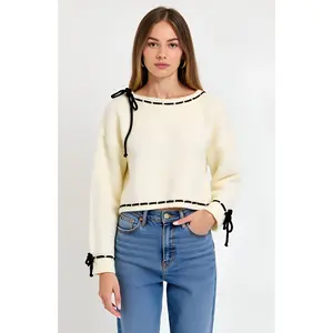 MODENAIRE Contrast Tie Scalloped Boat Neck Knit Sweater - Ivory