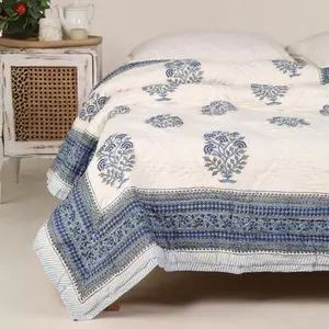 MELA ARTISANS Blockprinted Reversible Quilt - Blue Mist