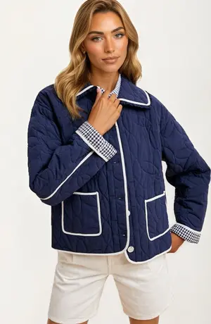 KNIT & LOUNGE Quilted Button-up Jacket With Contrast Trim