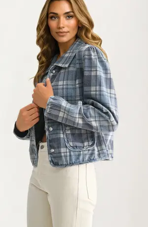 KNIT & LOUNGE Plaid Cropped Jacket With Pockets