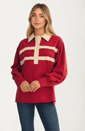 KNIT & LOUNGE Contrast Trim Collared Pullover Top